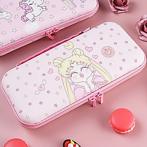 RHOTALL Case Compatible with Nintendo Switch & Switch OLED Carrying Case 2 in 1 Shoulder & Hand Strap, Protective Hard Portable Travel Carry Case Shell Pouch for Switch Accessories (Moon Pink)