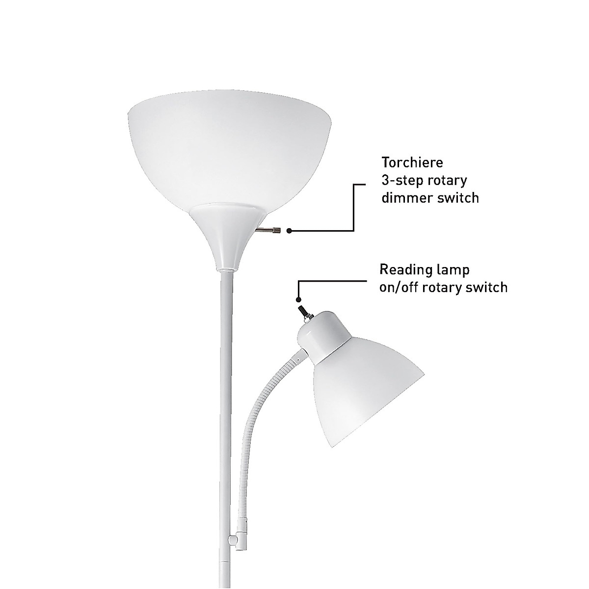 Globe Electric 67136 72" Torchiere Floor Lamp + Adjustable Reading Light, Matte White, Frosted Plastic Shade, 3-Step Rotary Switch on Floor Lamp Socket, Home Improvement, Home Office Accessories