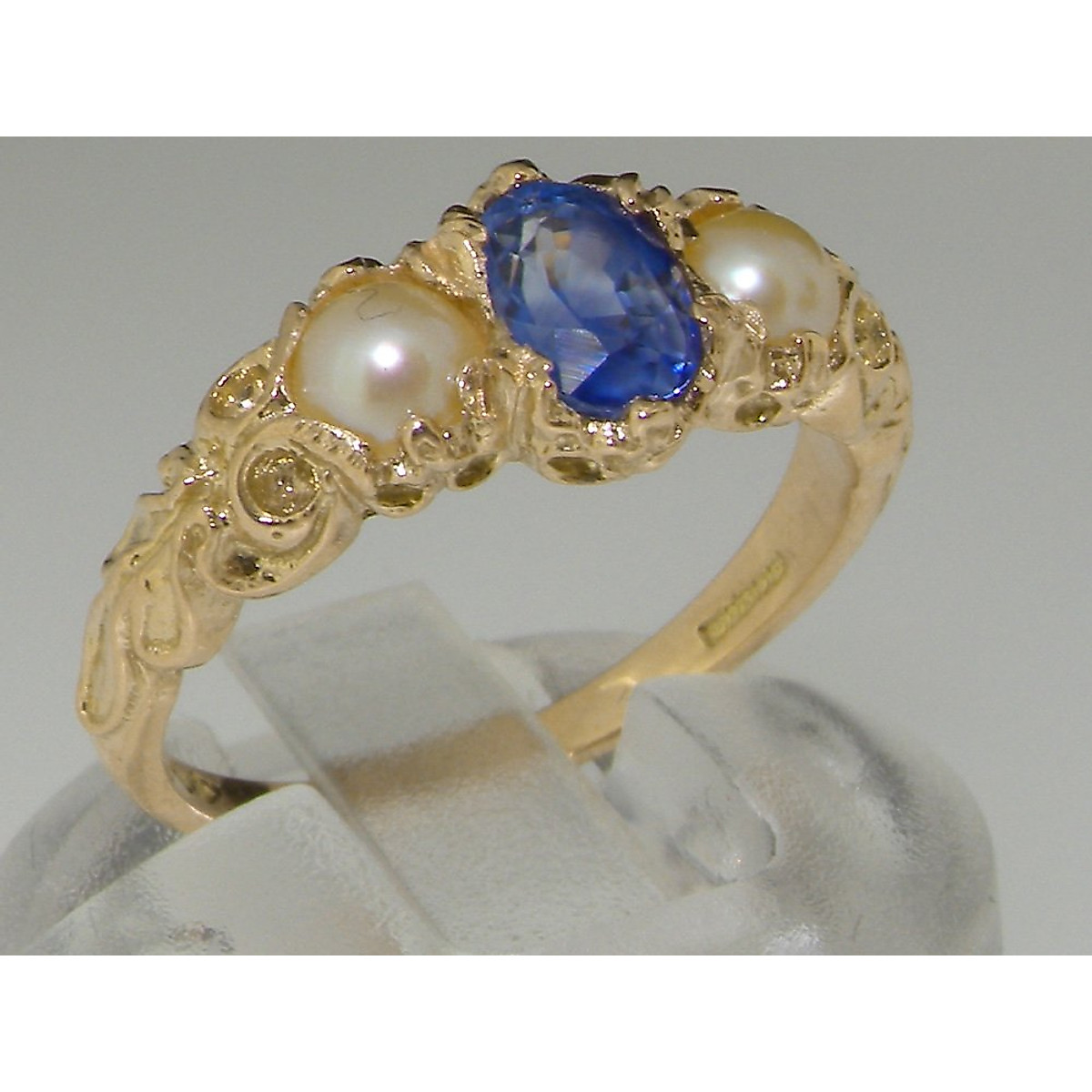 LetsBuyGold 14k Yellow Gold Real Genuine Sapphire and Cultured Pearl Womens Anniversary Ring - Size 8