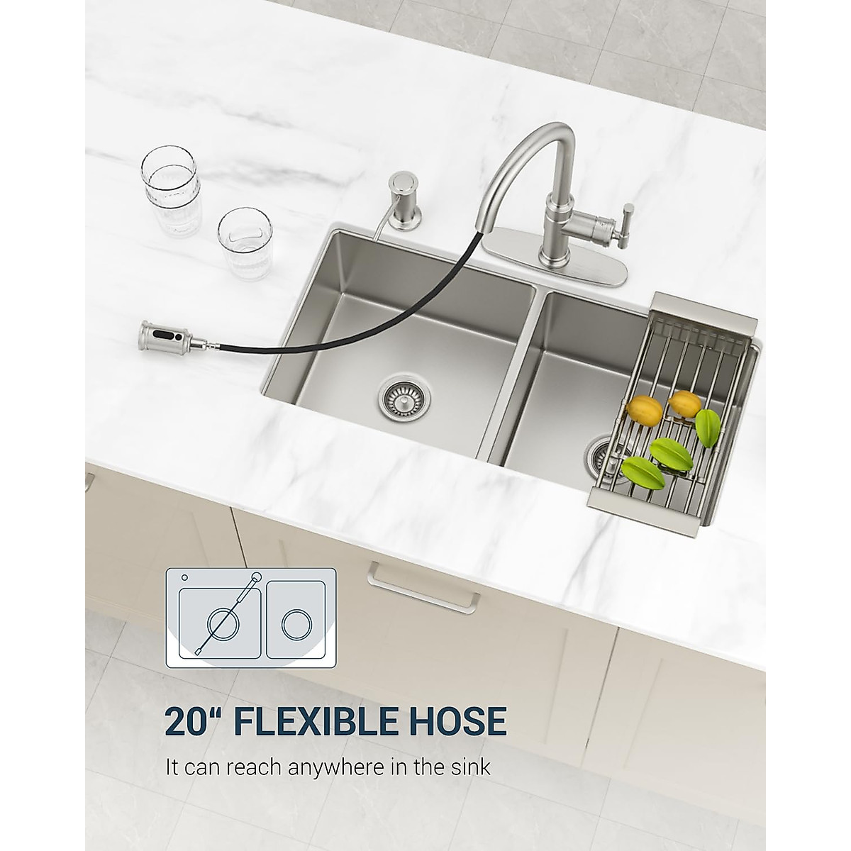 Pull Down Kitchen Faucet with Sprayer Brushed Nickel, DAYONE Single Handle Antique One Hole High Arc Pull Out Kitchen Sink Faucets with Soap Dispenser,APS136BN