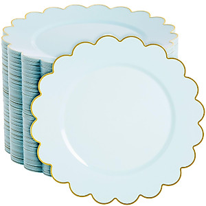 Sparkle and Bash 50-Pack Baby Blue Disposable Plates - Scalloped Plastic Plates with Gold Foil Rim for Birthday Party, Baby Shower (9 Inches)