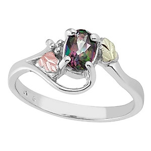 Rhodium-Plated Sterling Silver Small Oval Mystic Fire Topaz Ring, 12k Rose and Green Gold Black Hills Gold, Size 7.5