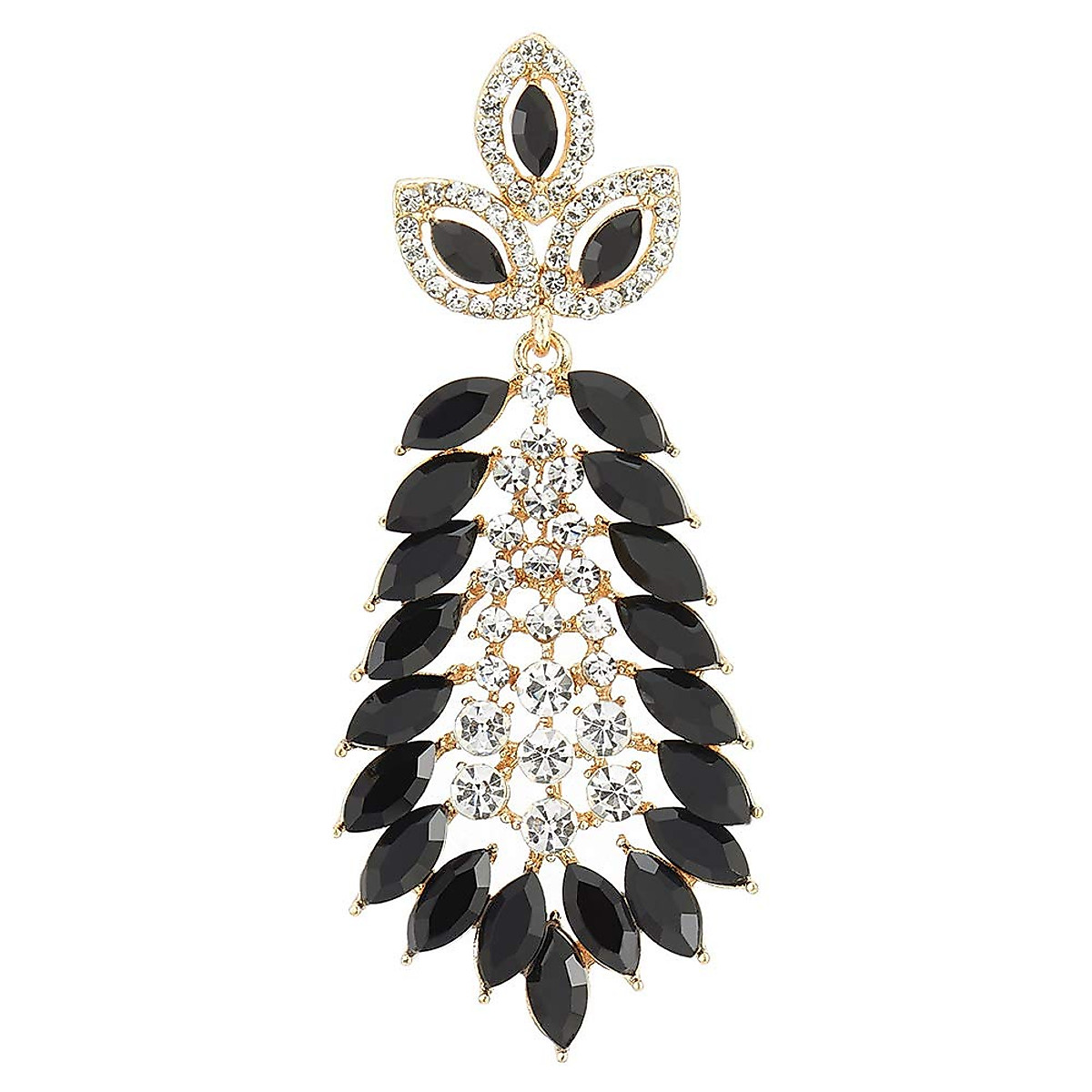Marquise Black Crystal Rhinestone Cluster Leaf Long Dangle Statement Gold Color Earrings, Party Prom