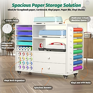 Craft organization and storage Cart Compatible with Cricut Machine Cricut Table, Rolling Craft Organizer With two large drawer & 24 Vinyl Roll Holder & Paper Storage Organizer, for Home Craft Room