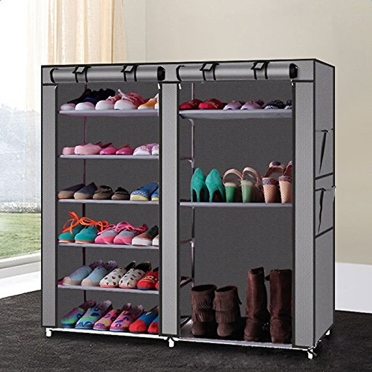 27-Pairs Portable Shoe Rack Double Row 9 Lattices Shoe Storage Organizer Cabinet Tower with Dustproof Cover (grey)