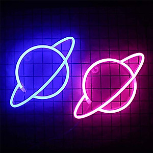 QiaoFei Led Planet Neon Signs Blue Kids Neon Lights Decorative Wall Signs, Battery or USB Operated Lamp for Party Supplies Room Wall Art Decoration (Blue)