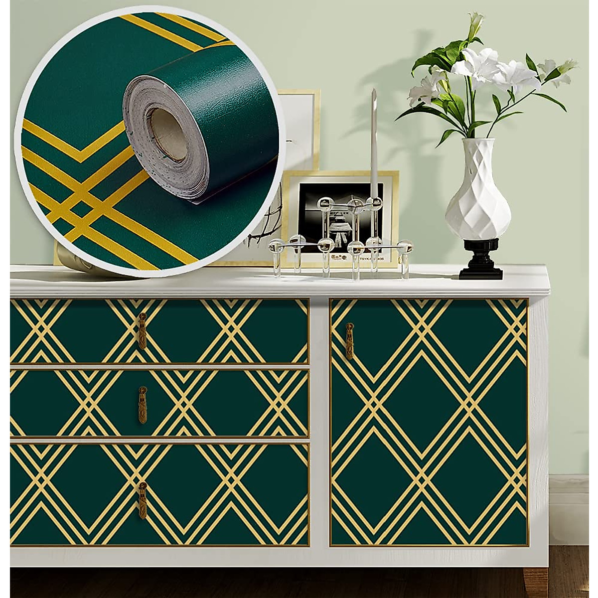JZ·HOME 7029 Green Diamond Lattice Peel and Stick Wallpaper 17.7" x 9.8ft Self-Adhesive Removable Geometric Rhombus Contact Paper Drawer Shelf Liner for Furniture Home Wall Decor