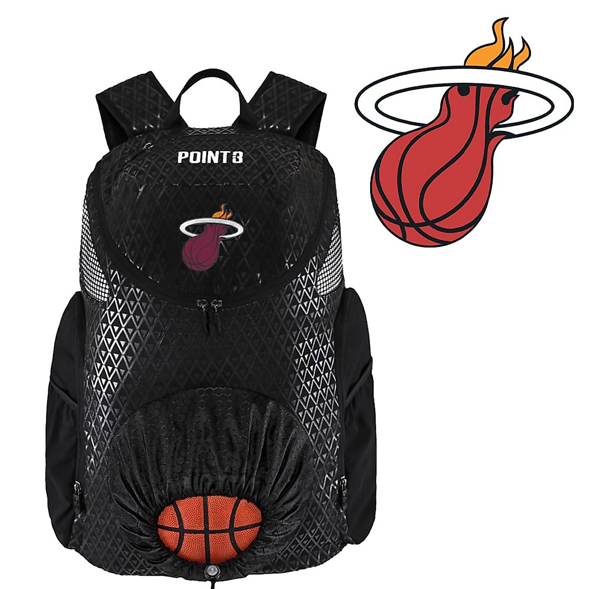 Point 3 Miami Heat Road Trip 2.0 Backpack Basketball Backpack with Drawstrong Closure | Ventilated Mesh Shoe Pocket Compartment | Black