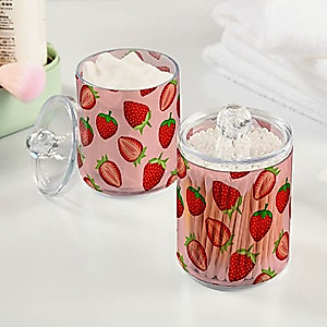 Vnurnrn Clear Plastic Jar Set for Cotton Ball, Cotton Swab, Cotton Round Pads, Floss, Strawberry Pattern with Berries Bathroom Canisters Storage Organizer, Vanity Makeup Organizer,2Pack