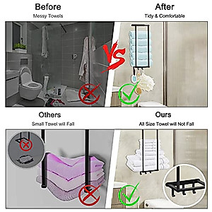 Bathroom Towel Racks Wall Mounted, Rolled Bath Towels Holder Storage with 3 Hooks, Adjustable & Space Saving Towel Hanger Black Metal Bath Towel Organizer Shelf for Folded Large Washcloths