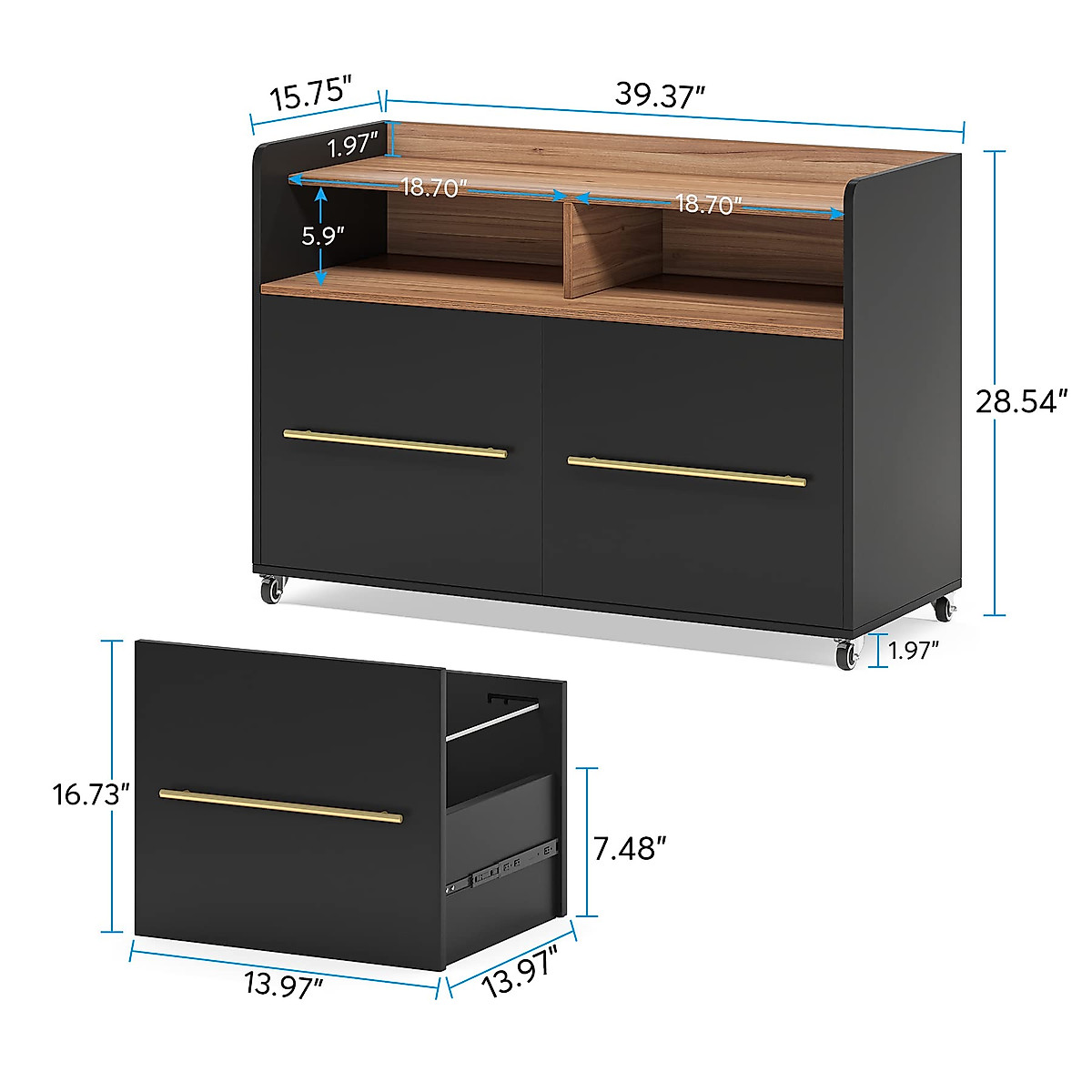 Tribesigns 2 Drawer File Cabinet Rolling Filing Cabinets for Home Office Black lateral File Cabinet Wood File Cabinet for Letter Size, Printer Stand with Rolling Wheel and Open Storage Shelves