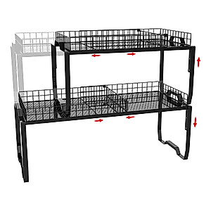 JKsmart Expandable Cabinet Shelf Organizers, Stackable Kitchen Countertop Shelves with Removable Fence, Cupboard Stand Storage Shelves Height and Length Adjustable, 2-tier Spice Rack