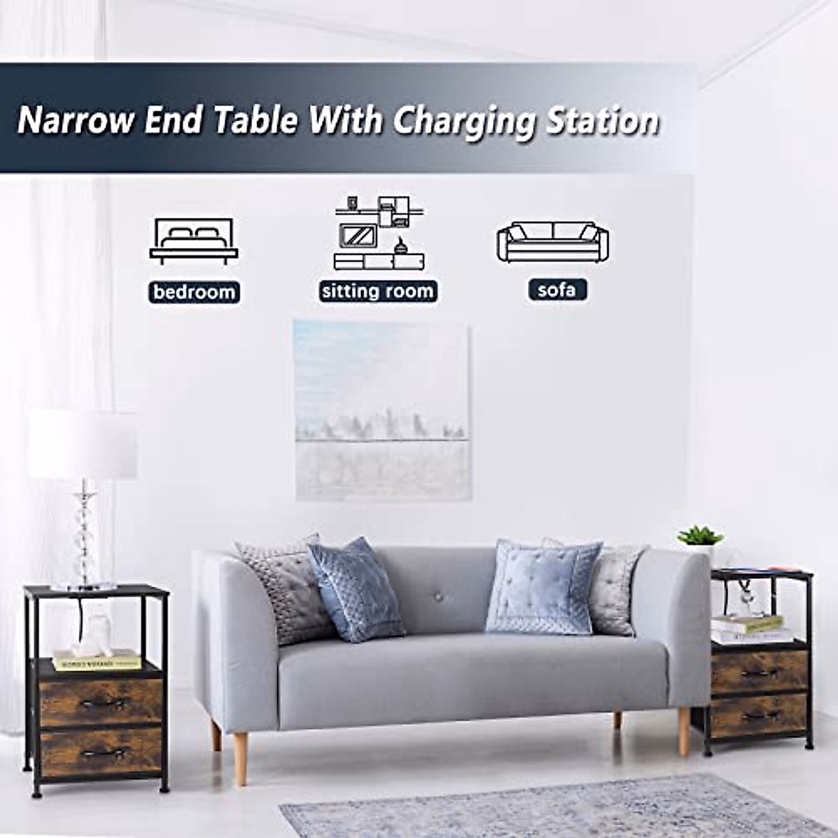 Vrisa Nightstand with Charging Station Black Bedside Table Fabric Drawers End Table with Open Shelf Night Stand with USB Port and AC Outlet for Bedroom