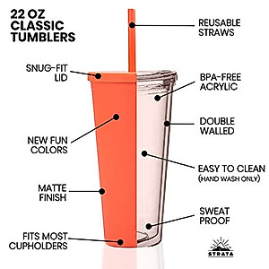 Tumblers with Lids (4 pack) 22oz Pastel Colored Acrylic Cups with Lids and Straws | Double Wall Matte Plastic Bulk Tumblers With FREE Straw Cleaner! Vinyl Customizable DIY Gifts