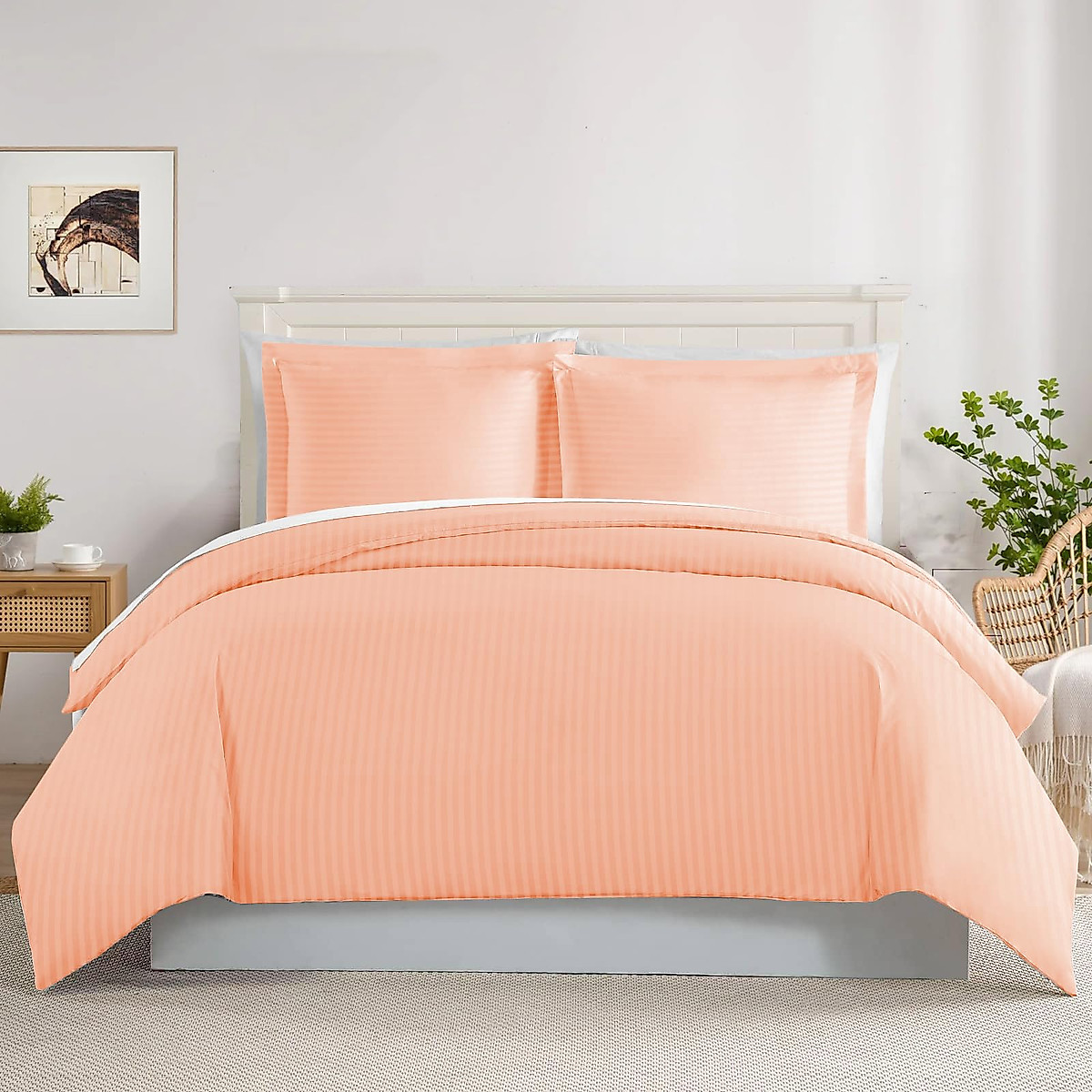 King/Cal-King (90x110) Duvet Cover 400 Thread Count Egyptian Cotton Soft 3-PCs Duvet Cover Set - All Season Comforter Cover with Button Closure & Corner Ties (Stripe, Peach)