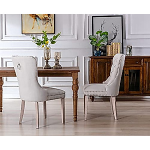 Kmax Linen Elegant Upholstered Dining Chairs, Fabric Armless Accent Chair with Ring Pull Solid Wood Legs, Set of 2 - Beige