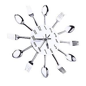 Kitchen Wall Decor, Stainless Steel Large 3D Mirror Modern Design Cutlery Kitchen Utensil Spoon Fork Wall Clock for Kitchen or Eating Area Decoration