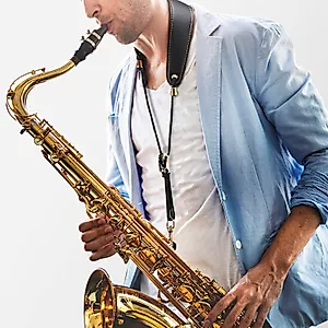 Facmogu Premium Leather Sax Neck Strap, Adjustable Padded Strap for Alto Tenor Soprano Baritone, Universal Fit, Black