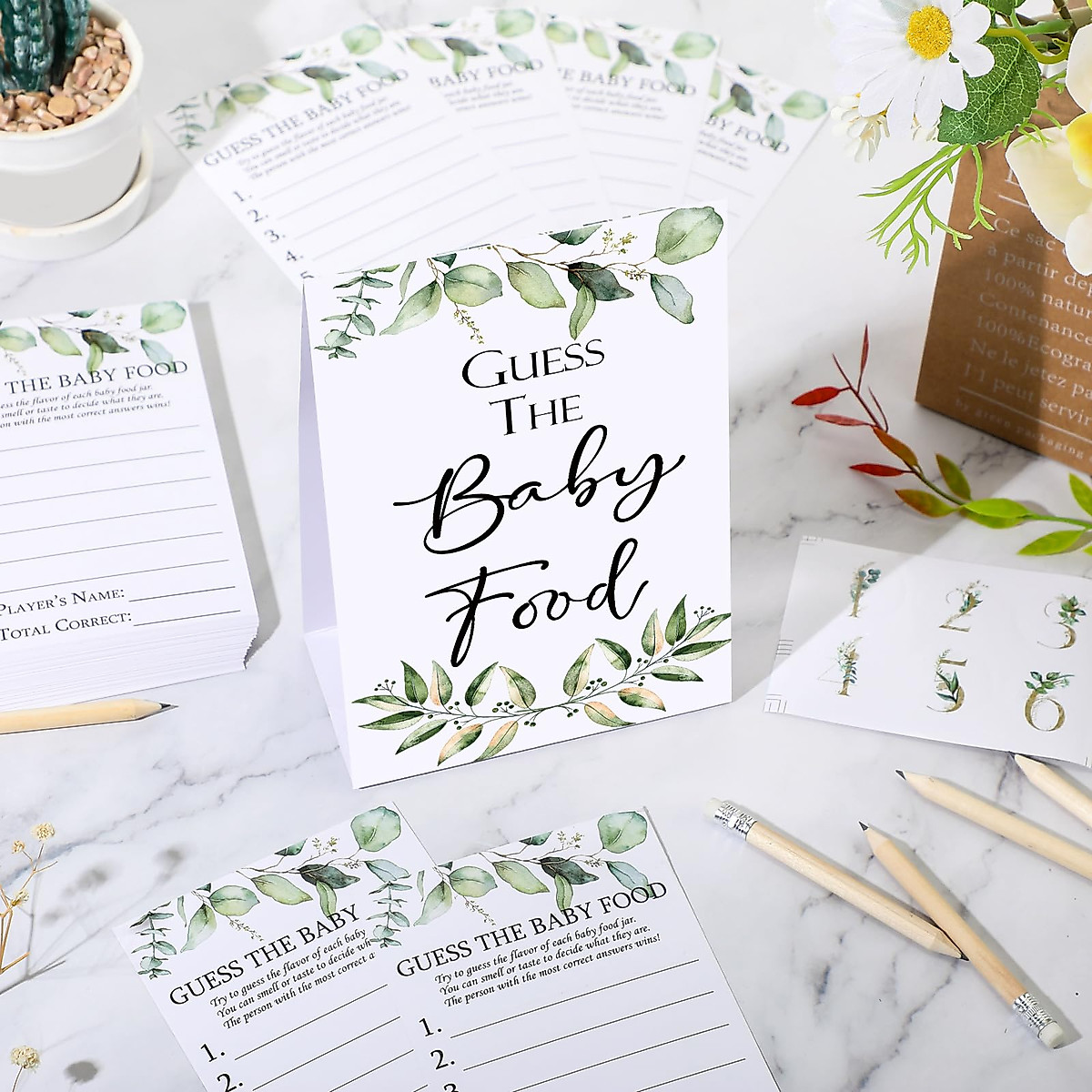 67 Pcs Guess the Baby Food Game Greenery Baby Shower Games Set 1 Standing Sign 50 Answer Cards 10 Pencils 6 Number Stickers for Gender Reveal Party Decoration Supplies