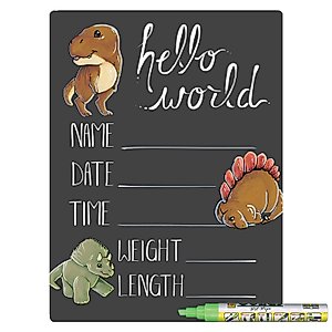 Cohas Hello World Newborn Baby Announcement Chalkboard Sign with Dinosaur Theme, 9 by 12 Inches, Green Marker
