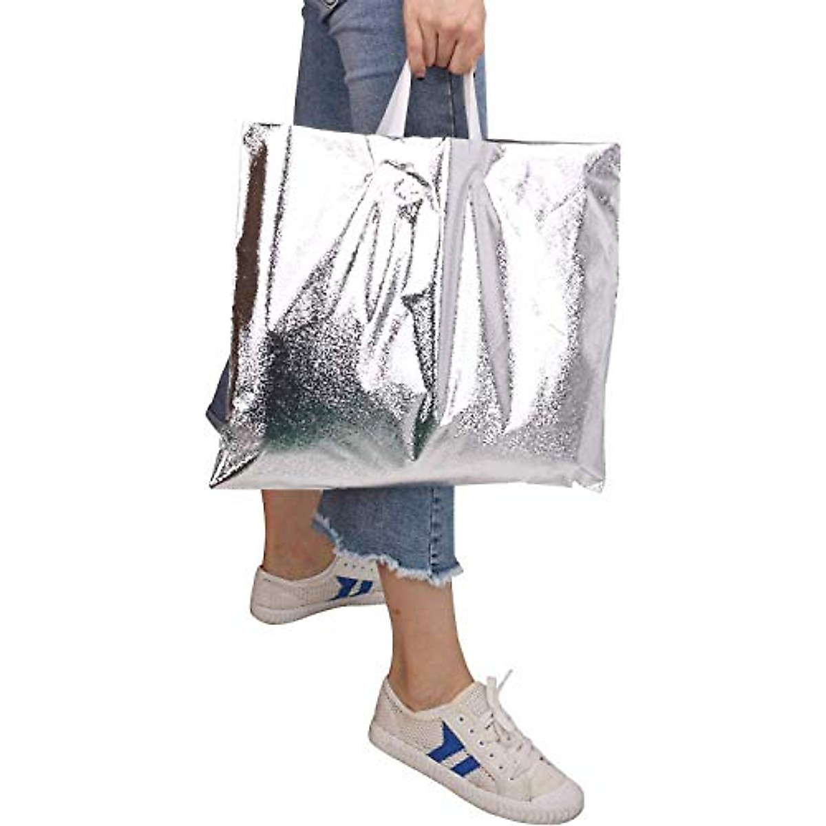 Gesodant Merchandise Bags,Retail Clothing Grocery Boutique Shopping Bags with Handles,Gift Bag, Size 15.7" x 14.2", Set Of 50 - Silver