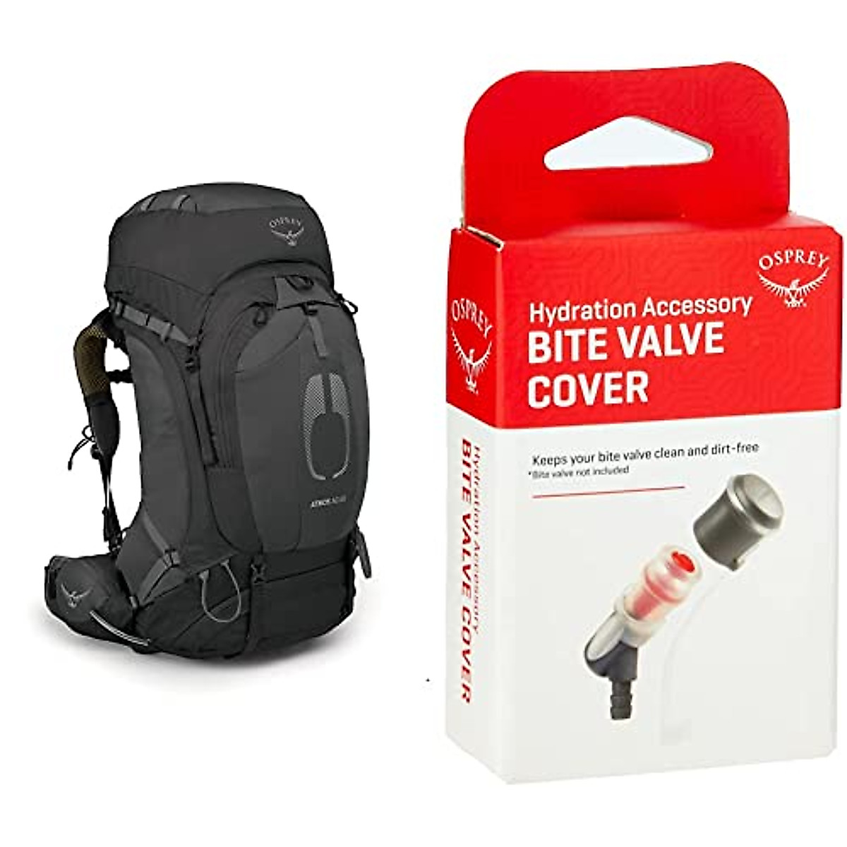 Osprey Atmos AG 65 Men's Backpacking Backpack, Black, Small/Medium & Osprey Hydraulics Bite Valve Cover, One Size