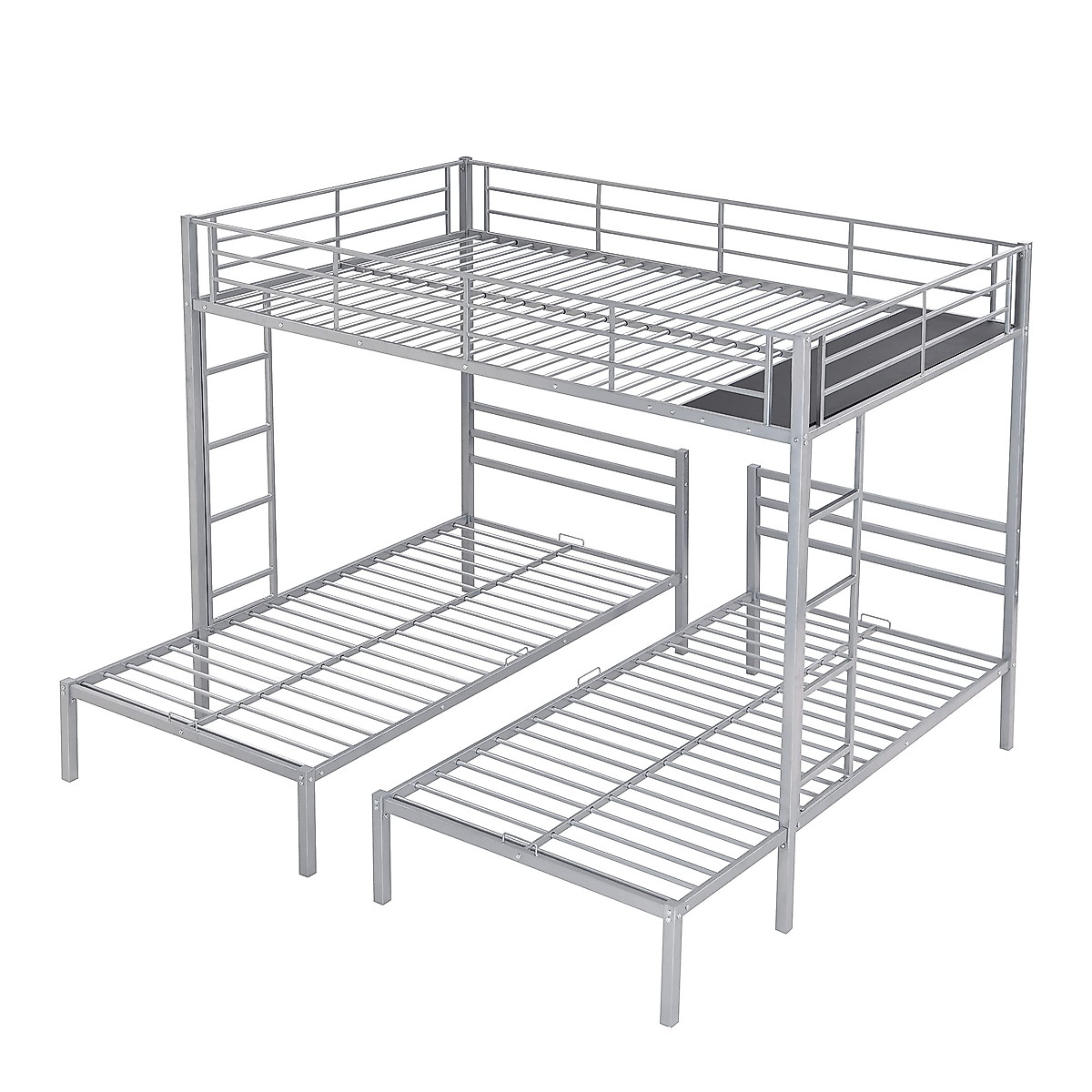 Oudiec Triple Bunk Bed,Full Over Twin&Twin Size Bunk Bed with Built-in Shelf&Ladders,L-Shaped Bunk Bed with Full-Length Guardrails, Space-Saving, Noise-Free, Silver