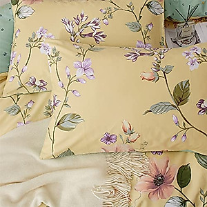 PinkMemory Queen Duvet Cover Yellow Garden Floral 100% Cotton,Reversible Yellow and Green Flower Pattern Bedding Duvet Cover Set Full Queen with Pillowcases Soft Durable Zipper-No Comforter Insert