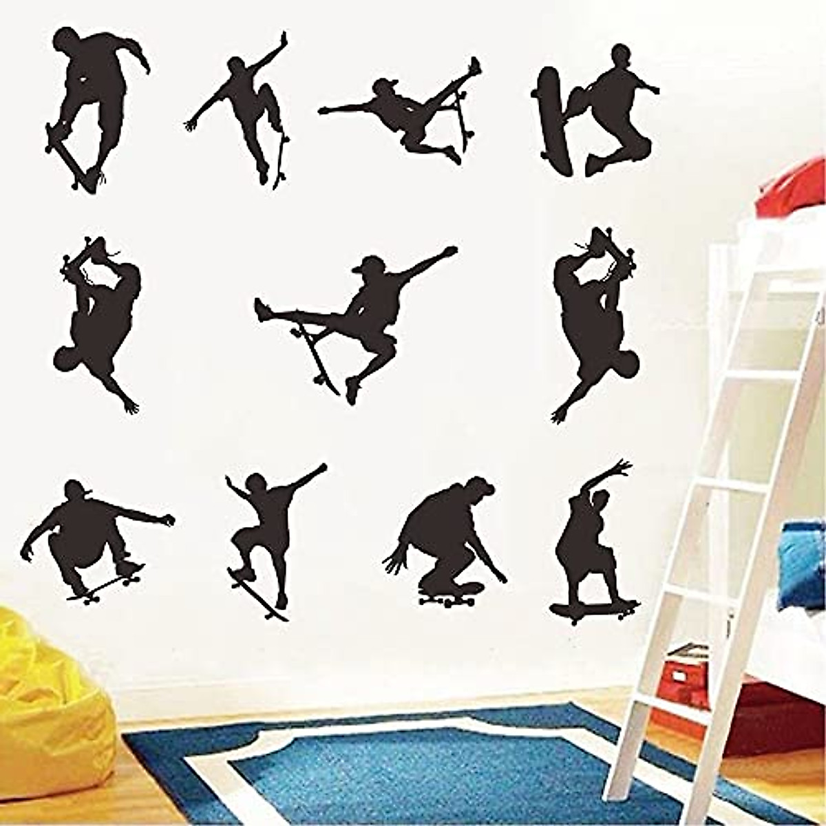 ANFRJJI Skateboard Wall Sticker - 11 Different Skaters Silhouettes in Extreme Actions - Removable PVC Vinyl Decals for Sports Youth Room and Bedroom - Skating Wall Art Mural JWH131 (Black)