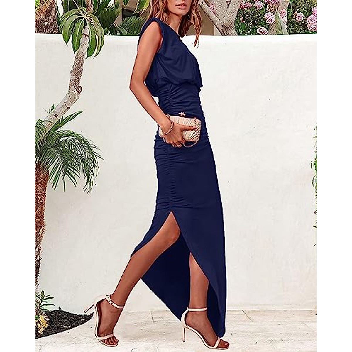 BTFBM Women Sleeveless Ruched Bodycon Dress 2023 Summer High Waist Asymmetrical Slit Formal Party Cocktail Maxi Dresses(Solid Navy, Large)