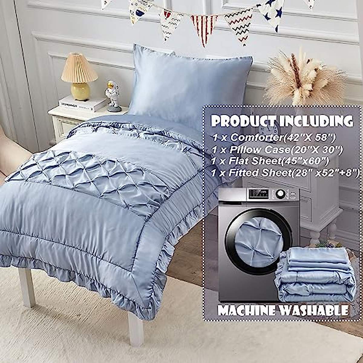 Toddler Bedding Set for Girls 4 Piece Pinch Pleated Grey Ruffle Fringe Pintuck Toddler Bed Comforter Set for Kids Bed-in-a-Bag Quilt Crib Sheet Set with Comforter,Flat Sheet,Fitted Sheet,Pillowcase