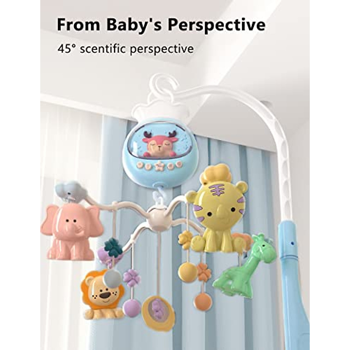 BSROLUNA Baby Crib Mobile with Music and Lights, Baby Mobile for Crib with Remote Control, Hanging Rotating Animal Rattles, 50 Songs and Timing Function, Cartoon Baby Crib Toys for Girls (Baby Blue)