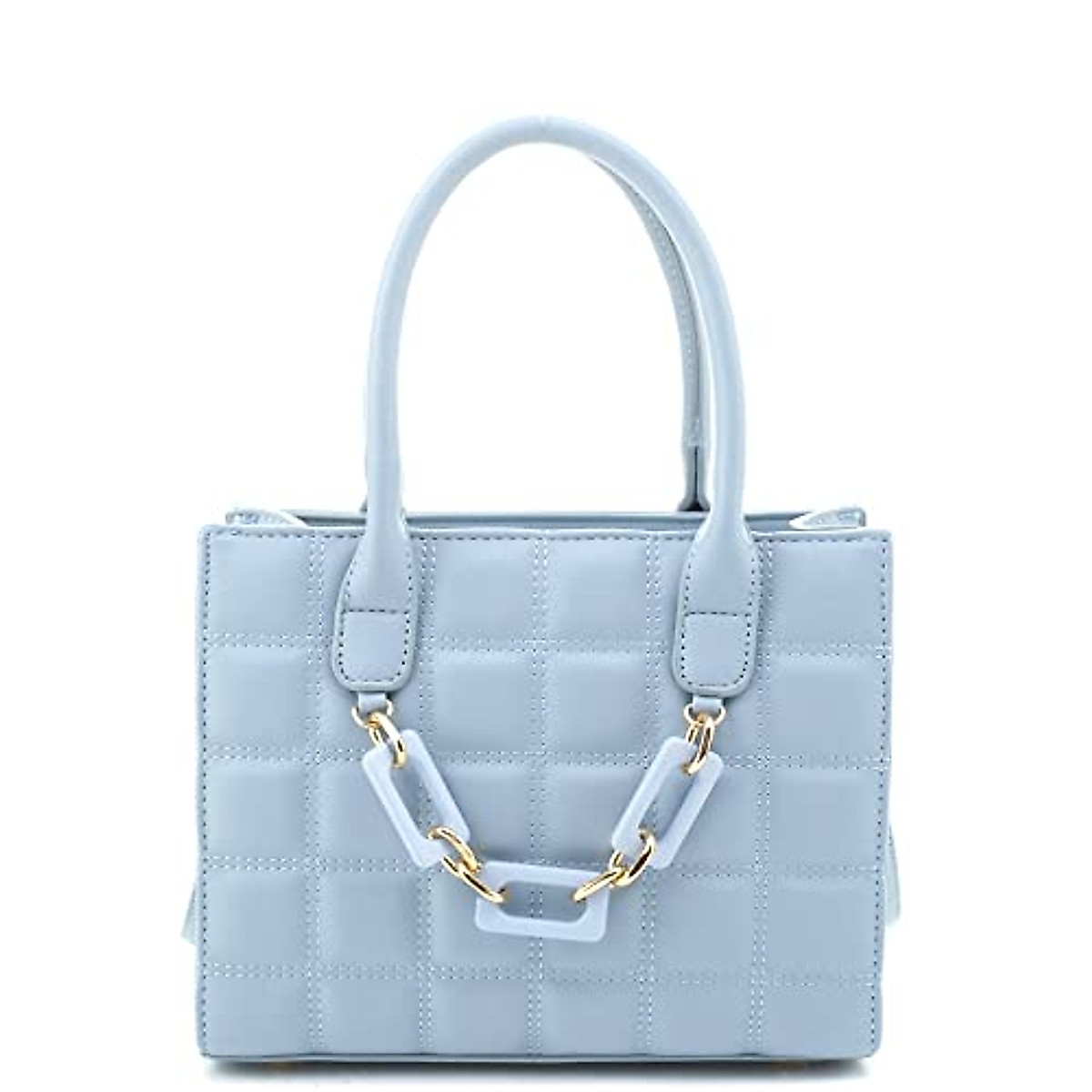 Vegan Leather Top-Handle Medium Boxy Satchel Tote Purse Crossbody Bag (Chain Front Embossed - White)