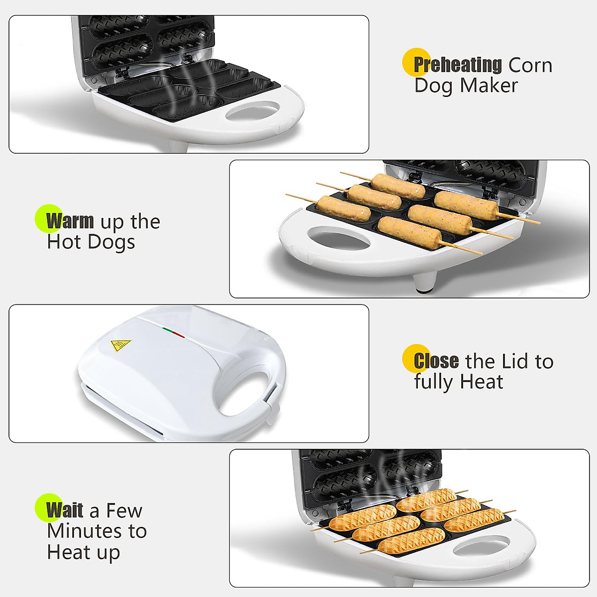 Corn Dog Waffle Maker Small, Hot Dog Waffle Machine with Non-stick Coating Plate, Waffle Dog Maker Toaster Make 6 Corn Dogs, Corn Dog Waffle Machine Make Corn Dog in Minutes, White