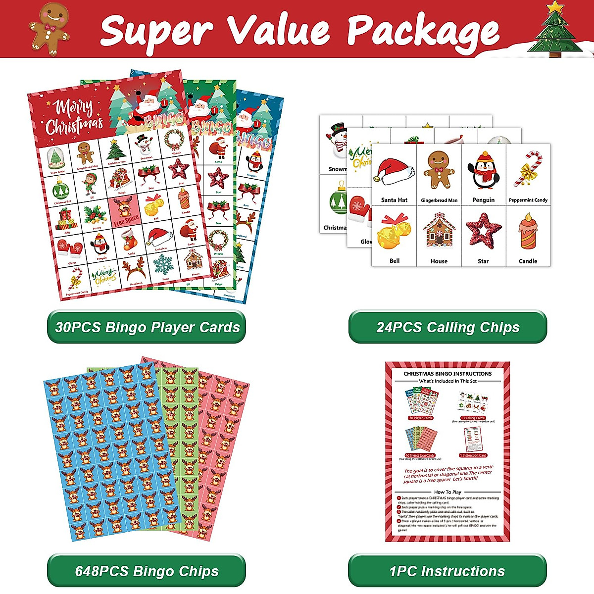 VESPRO 46PCS Christmas Bingo Game Cards for 30 Players Christmas Party Games for Kids Party Classroom Activities