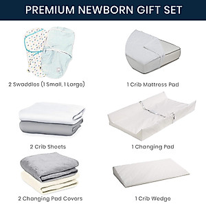 Serta 9-Piece Nursery-in-a-Box Newborn Baby Gift Set for Boys and Girls – Set Includes 2 Swaddles, Changing Pad, 2 Changing Pad Covers, 2 Crib Sheets, Crib Mattress Pad and Crib Wedge, White/Grey