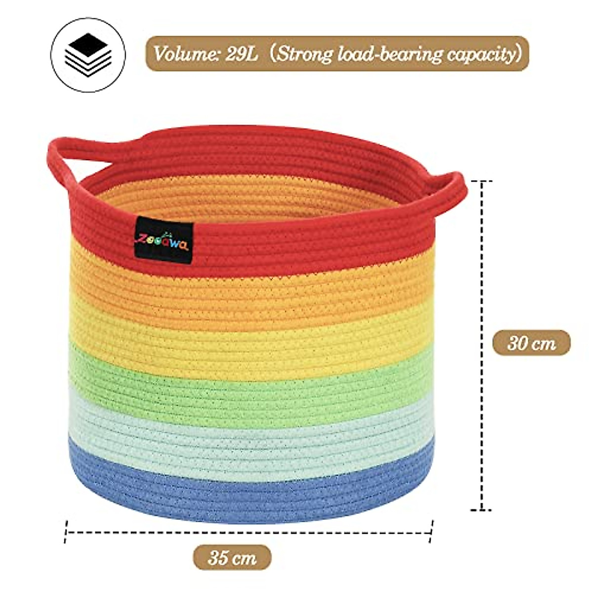 Zooawa Rainbow Storage Cotton Rope Baskets for Baby Room|Rainbow Baskets for Classroom | Baby Laundry Basket for Nursery Storage|Toy Baskets Organizer for Baby Rainbow Nursery Decor,14" x 12"