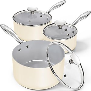 MICHELANGELO Sauce Pan with Lid, Non Stick Saucepan Set of 3-1Qt & 2Qt & 3Qt Small Pots for Cooking, Ceramic Saucepan - Non-Toxic, Scratch-Resistant, Oven Safe, Beige