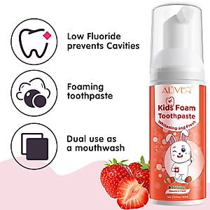 Kids Bubble Toothpaste, Toddler Toothpaste with Low Fluoride, Foaming Toothpaste and Mouthwash for Dental Care 60ml (Strawberry)