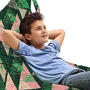 Ambesonne Grunge Lounger Chair Bag, Triangles Inner Murky Leaves and Stripes Creative Rainforest Nature, High Capacity Storage with Handle Container, Lounger Size, Hunter Green and Pale Pink