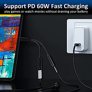 Type C to 3.5mm Headphone and Charger Adapter, 2 in 1 USB C to Aux Audio Jack Hi-Res DAC with PD 60W Fast Charging Dongle Cable Compatible with Pixel 4 3 XL, Galaxy S21 S20 S20+ Plus Note 20 (Black)