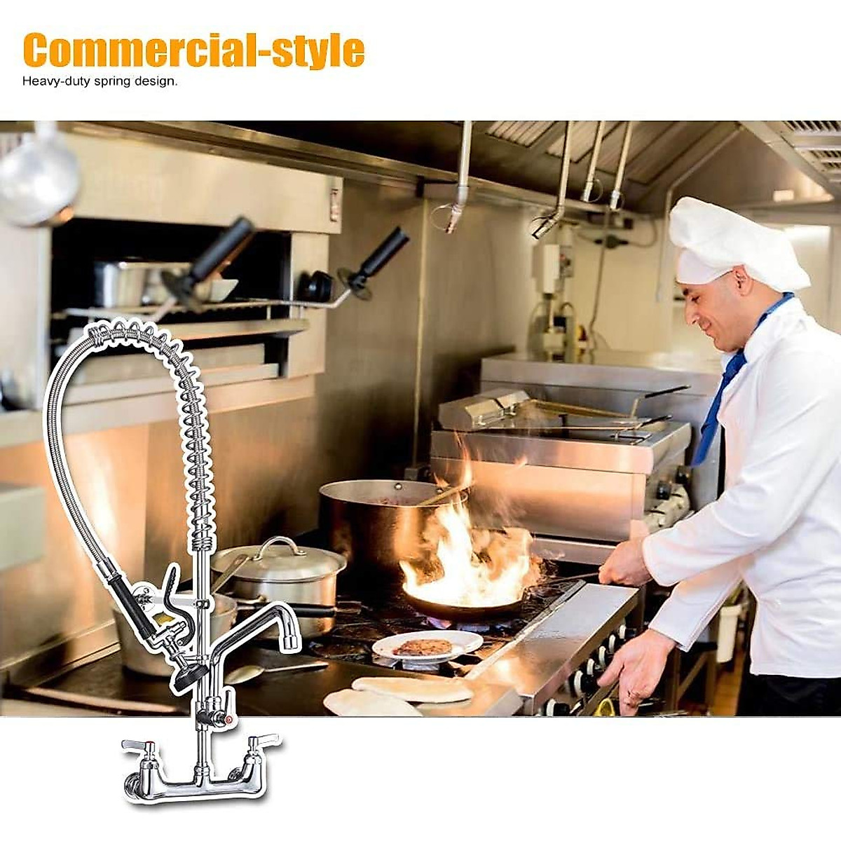 MSTJRY Commercial Sink Faucet with Pre Rinse Sprayer: 35"Height 8"Adjustable Center 12"Swivel Spout Wall Mount Pre Rinse Faucet-Perfect for 2/3 Compartment Sink (Polished Chrome,Stainless Steel&Brass)