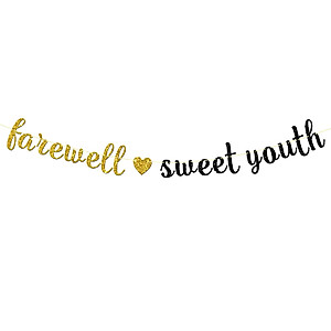 Maicaiffe Farewell Sweet Youth Banner - Old English Birthday Party Decor - 30th 40th 50th 60th Birthday Party Decorations, Gold Black Glitter