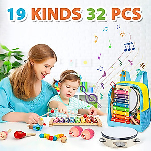 Toddler Musical Instruments Set, 32 PCS 19 Kinds Wooden Percussion Instruments Toys for Kids Playing Preschool Education, Early Learning Baby Musical Toys for Boys and Girls Gift