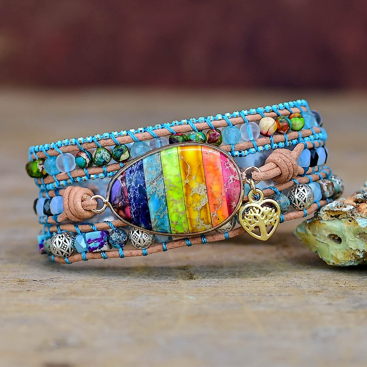 DAFARACODE Boho Stone Handmade Bracelet: Bead Natural Stone Wrap Jewelry Bohemian Style 3 Wraps Jasper Bracelet Gemstone Beads Bracelet Jewelry (Colourful Chakra Imperial Stones 3 Wraps)