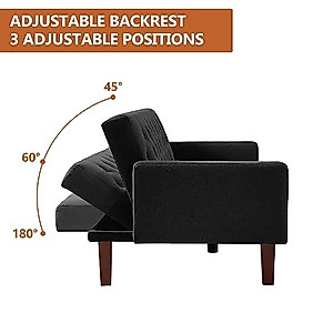 Fangflower Black Tufted Back Sofa Bed Mid-Century Convertible Sleeper Futon with Tapered Wood Legs for Living Room Apartment Lounge