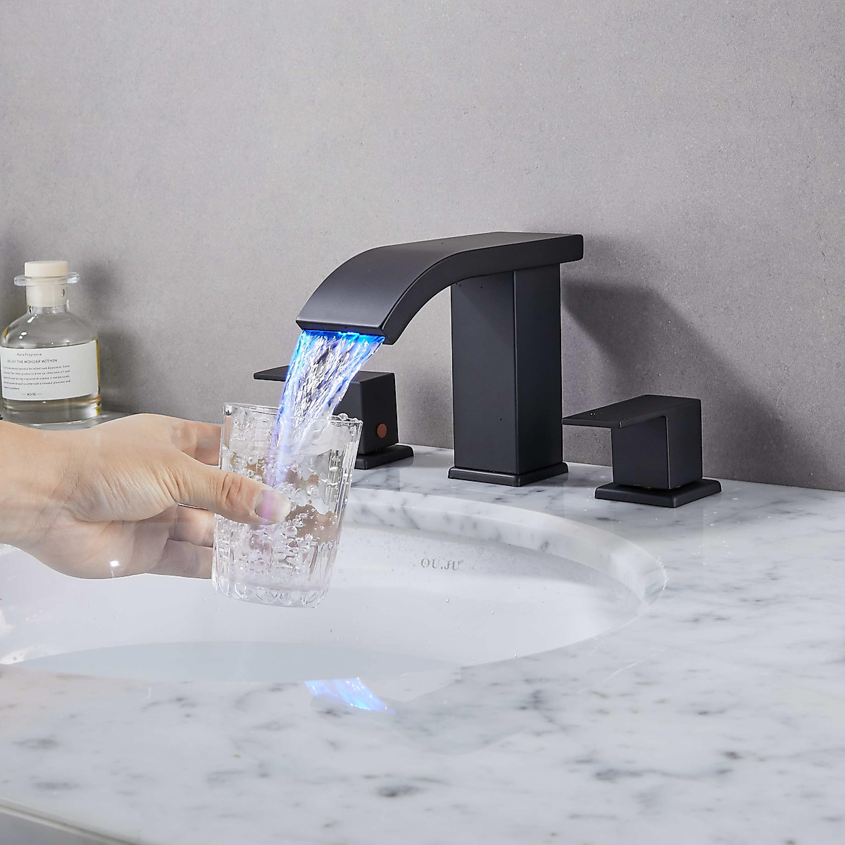 Skybathjoy LED Bathroom Faucet 3 Hole, Black Waterfall Bathroom Faucets, 8 Inch Widespread Modern Bathroom Sink Faucet & Parts, Wide Spread Touch On Three Hole 2 Handle Bathroom Vanity Faucet