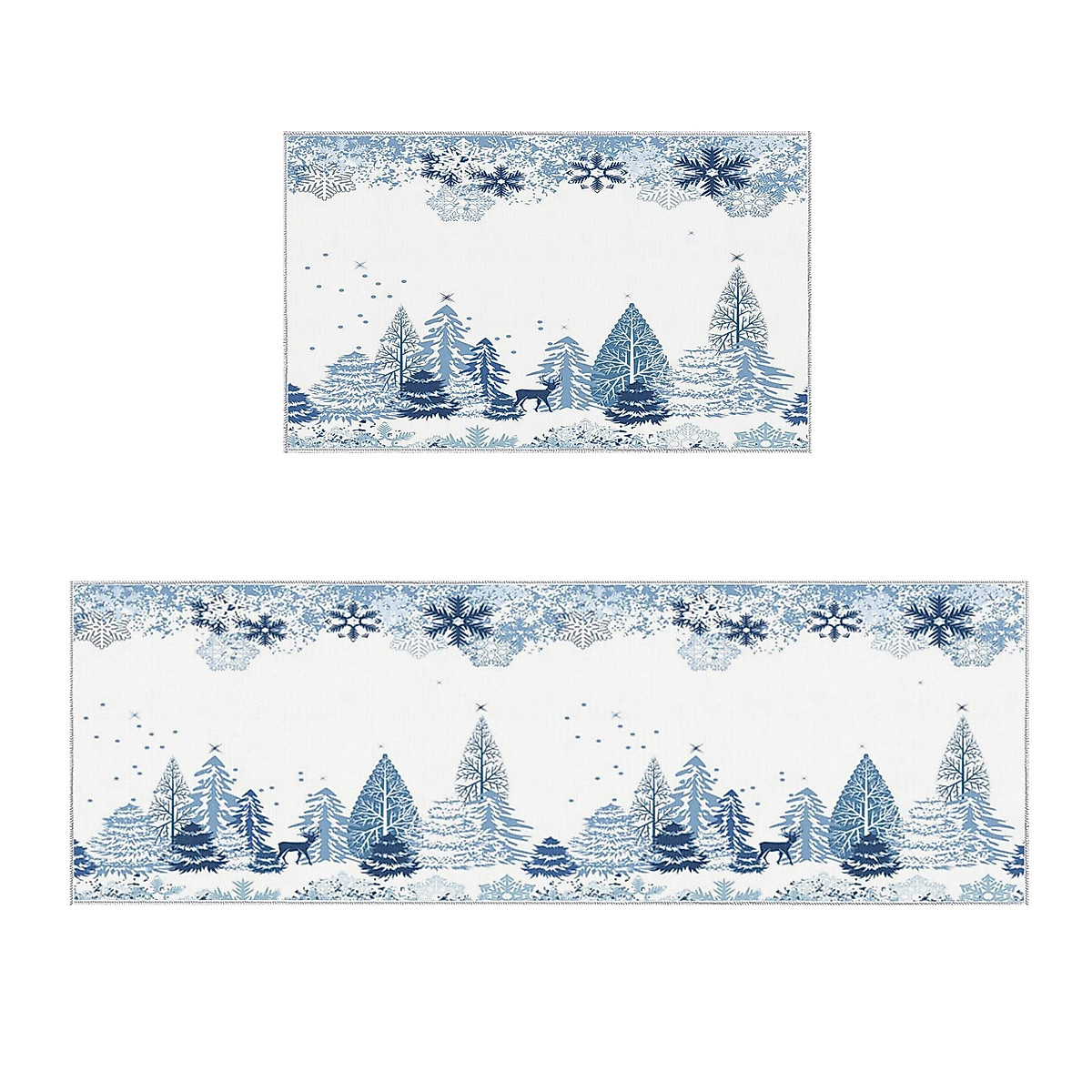 Christmas Winter Kitchen Rugs and Mats Set of 2 New Year Abstract Snowflake Elk Blue Xmas Kitchen Mat,Non-Slip Area Runner Rug,Washable Floor Mat for Home Dining Room Office 16x24in+16x47in