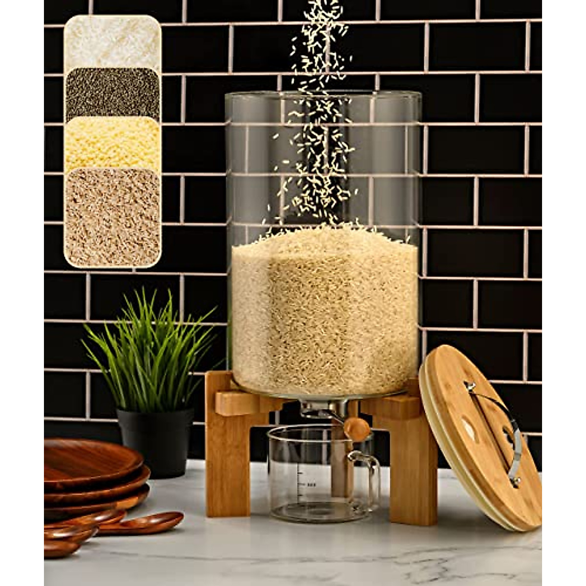 15 lbs/8 Liter Rice Dispenser, an Elegant Glass Rice Dispenser, Rice Container, Grain Dispenser, Rice Storage, Rice Holder, Rice Bin, Rice Dispenser with Bamboo Wood Stand