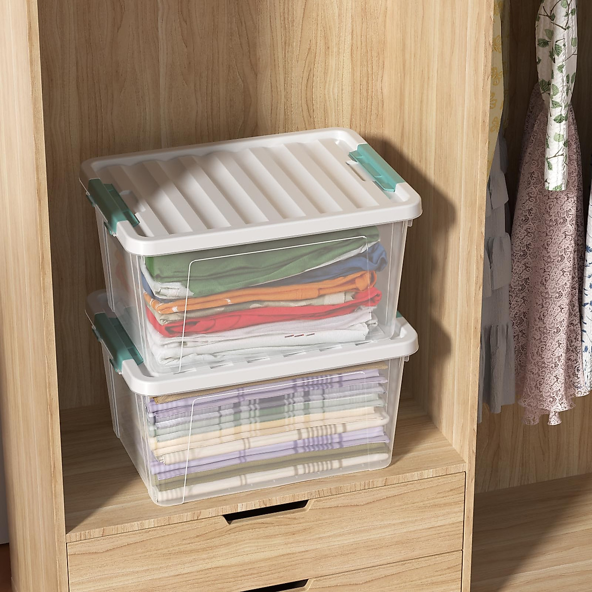 CadineUS 4-pack 35 Quarts Large Latching Storage Boxes, Clear Plastic Organizer Tote Bins with Lids